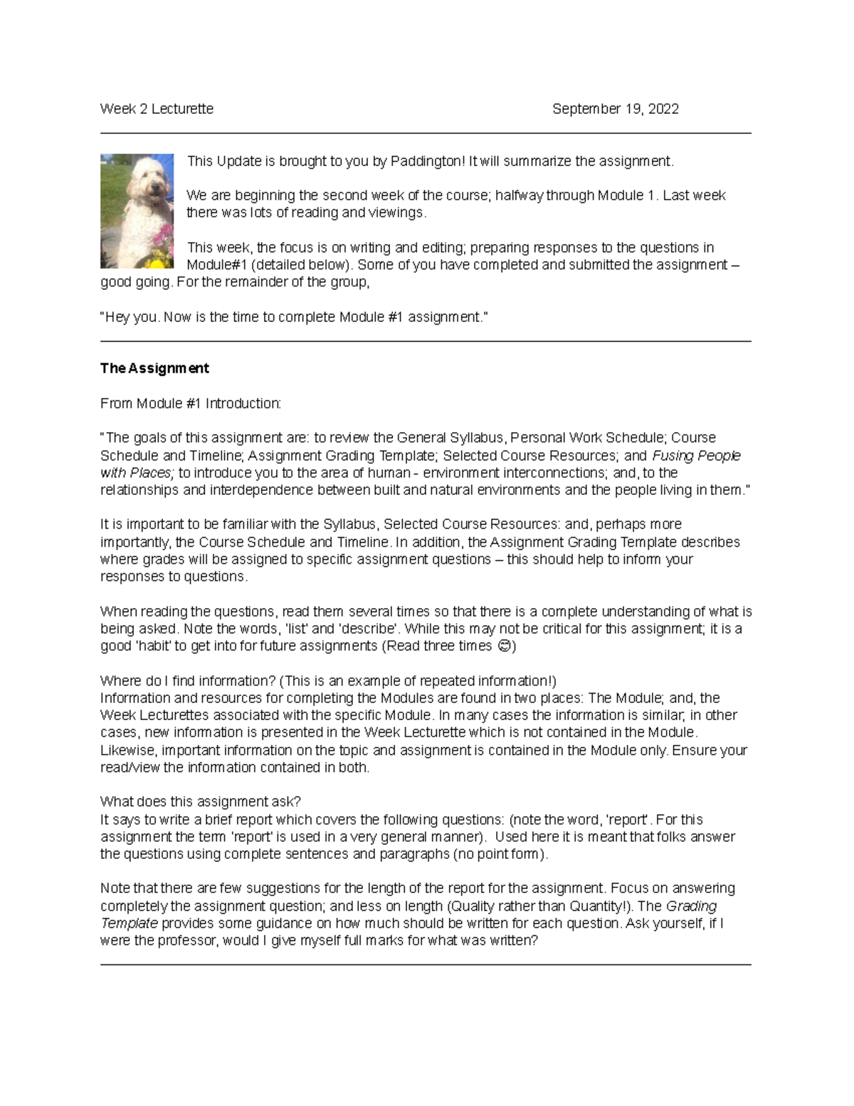 Week 2 Lecturette Sep 19 - Week 2 Lecturette September 19, 2022 This ...