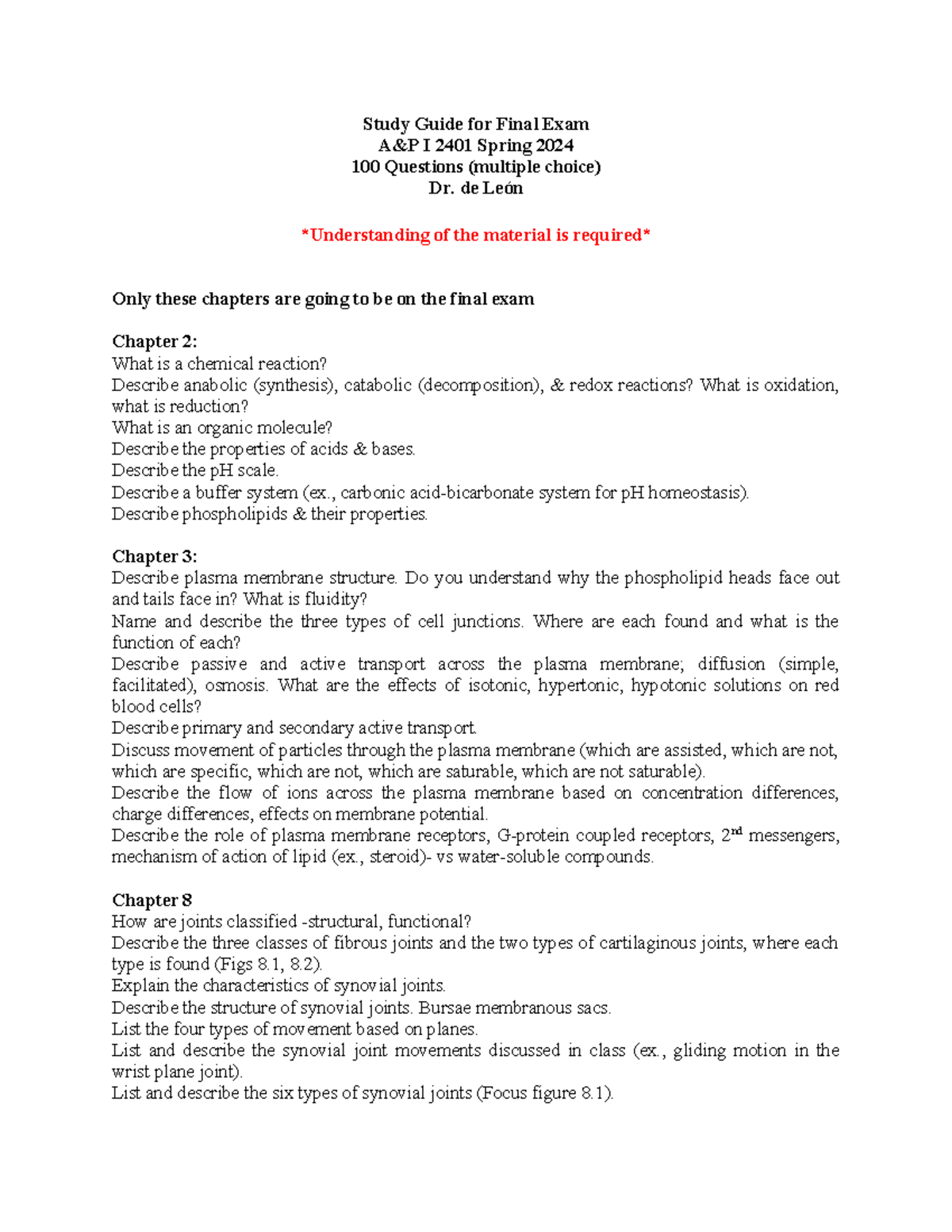 Study Guide Final Exam A&P I Spring 2024 - Study Guide for Final Exam A ...