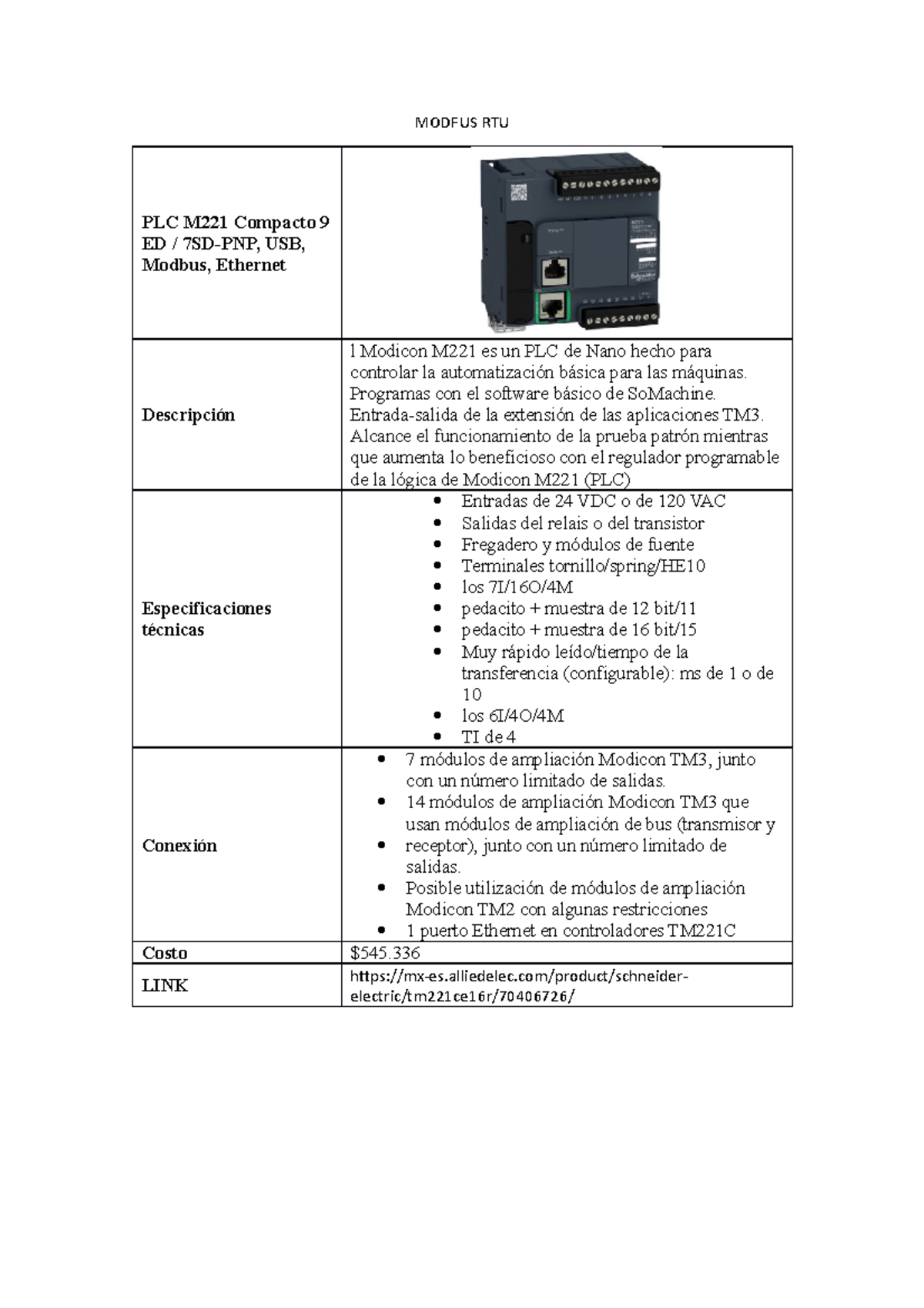 Modfus RTU - MODFUS RTU PLC M221 Compacto 9 ED / 7SD-PNP, USB, Modbus, Ethernet Descripción l ...