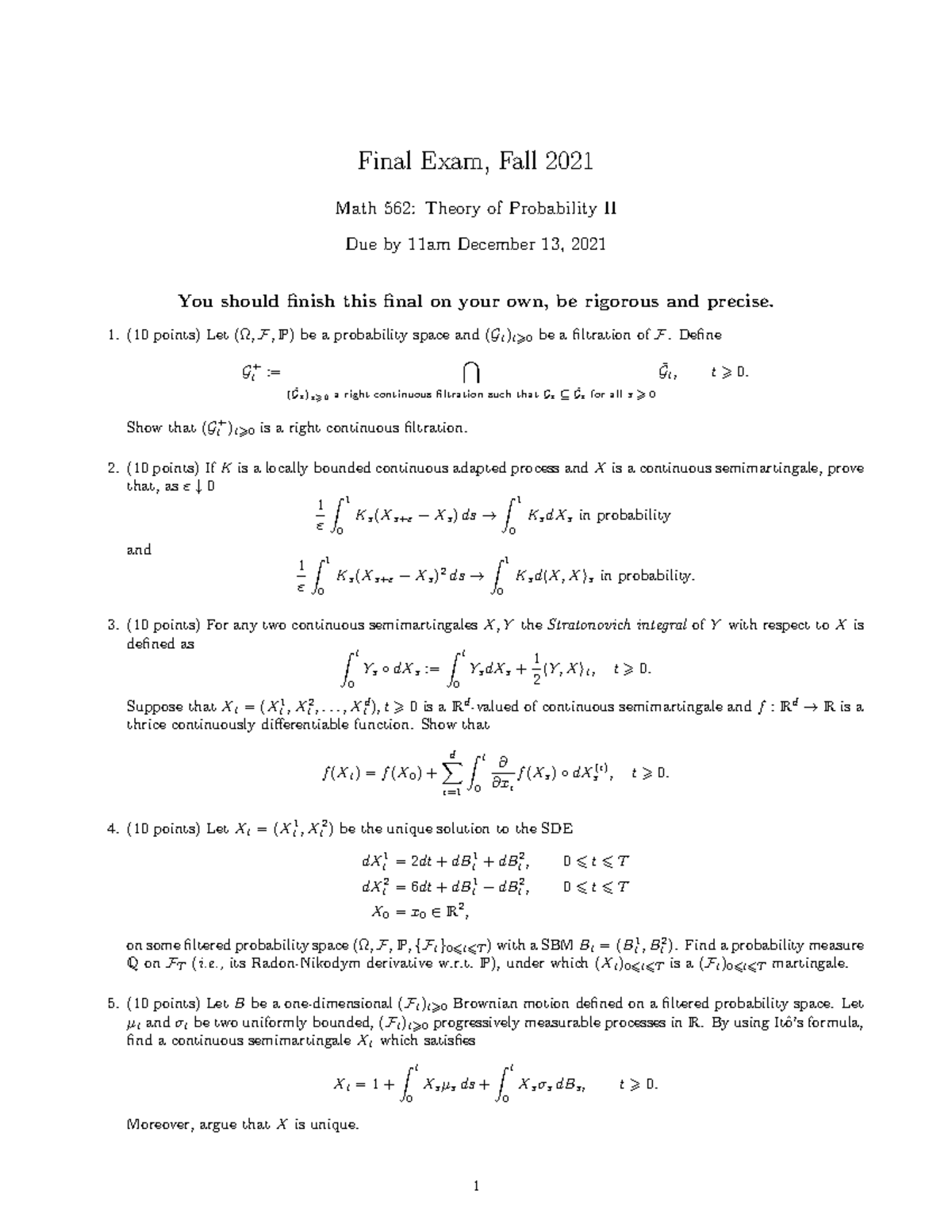 MATH 562 Final - Final Exam, Fall 2021 Math 562: Theory of Probability ...