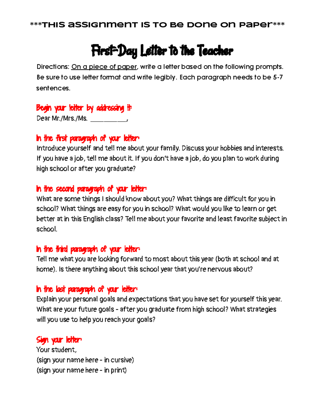 Copy of First-Day Letter to the Teacher - this assignment is to be done ...