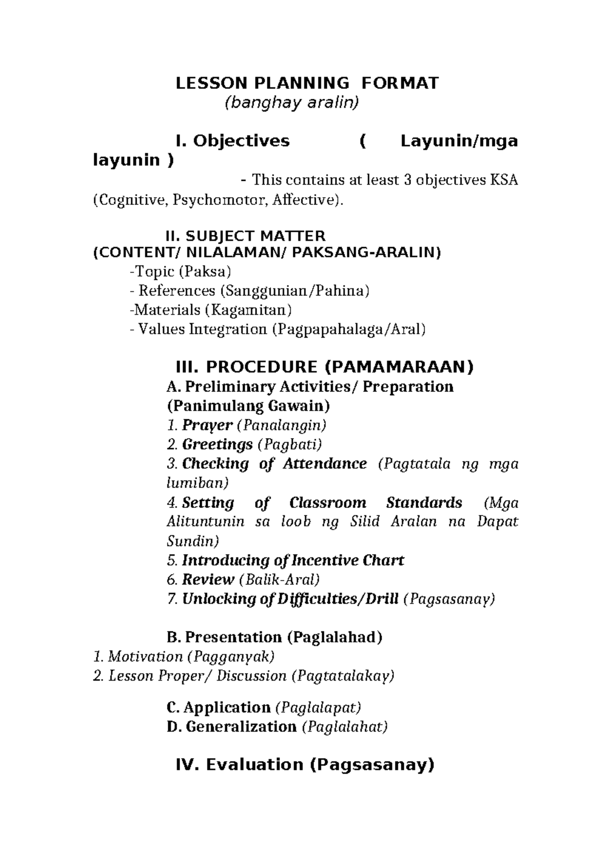 Lesson- Planning- Format - LESSON PLANNING FORMAT (banghay aralin) I ...