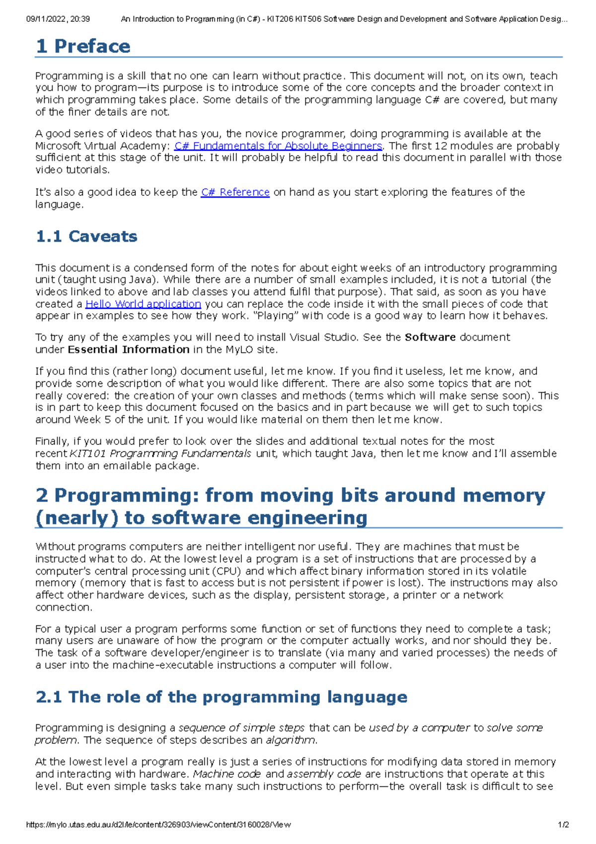 An Introduction to Programming (in C#) - KIT206 KIT506 Software Design and Development and ...