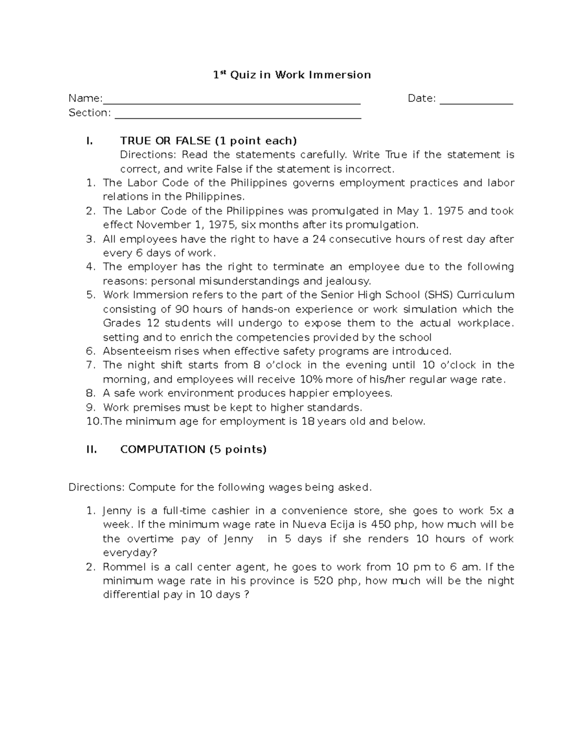 1st Quiz in Work Immersion - 1 st Quiz in Work Immersion - Studocu