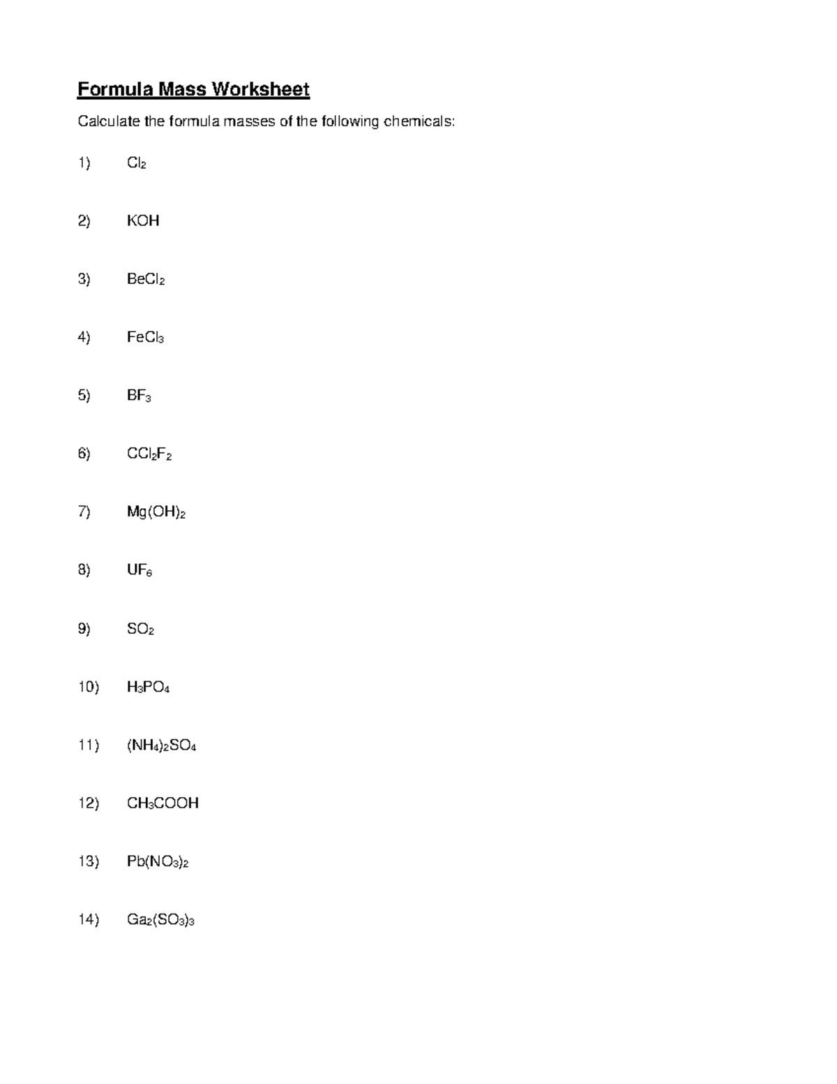 Formula Mass Worksheet - Introductory Chemistry - Formula Mass ...