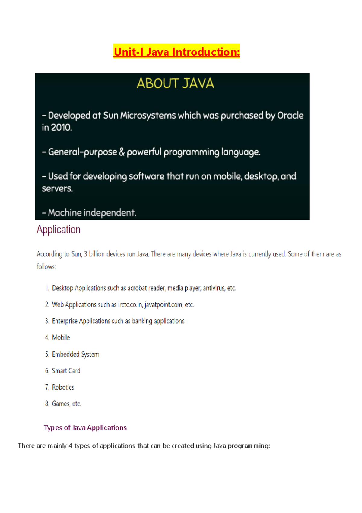 Java Intro - Java Material - Unit-I Java Introduction: Types of Java Applications There are ...