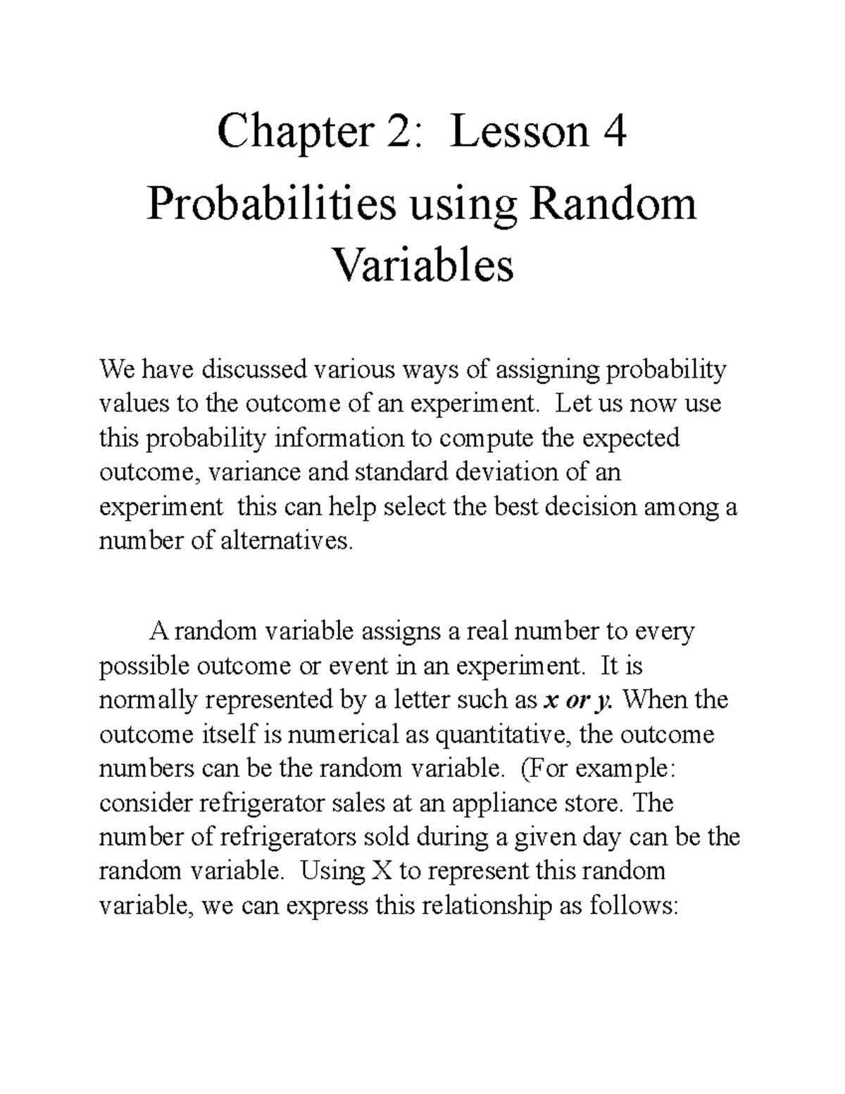 Chapter 2 - Lesson 4 - Probablities using Random Variables - Chapter 2 ... Chapter 2 - Lesson 4 - Probablities using Random Variables - Chapter 2 ...