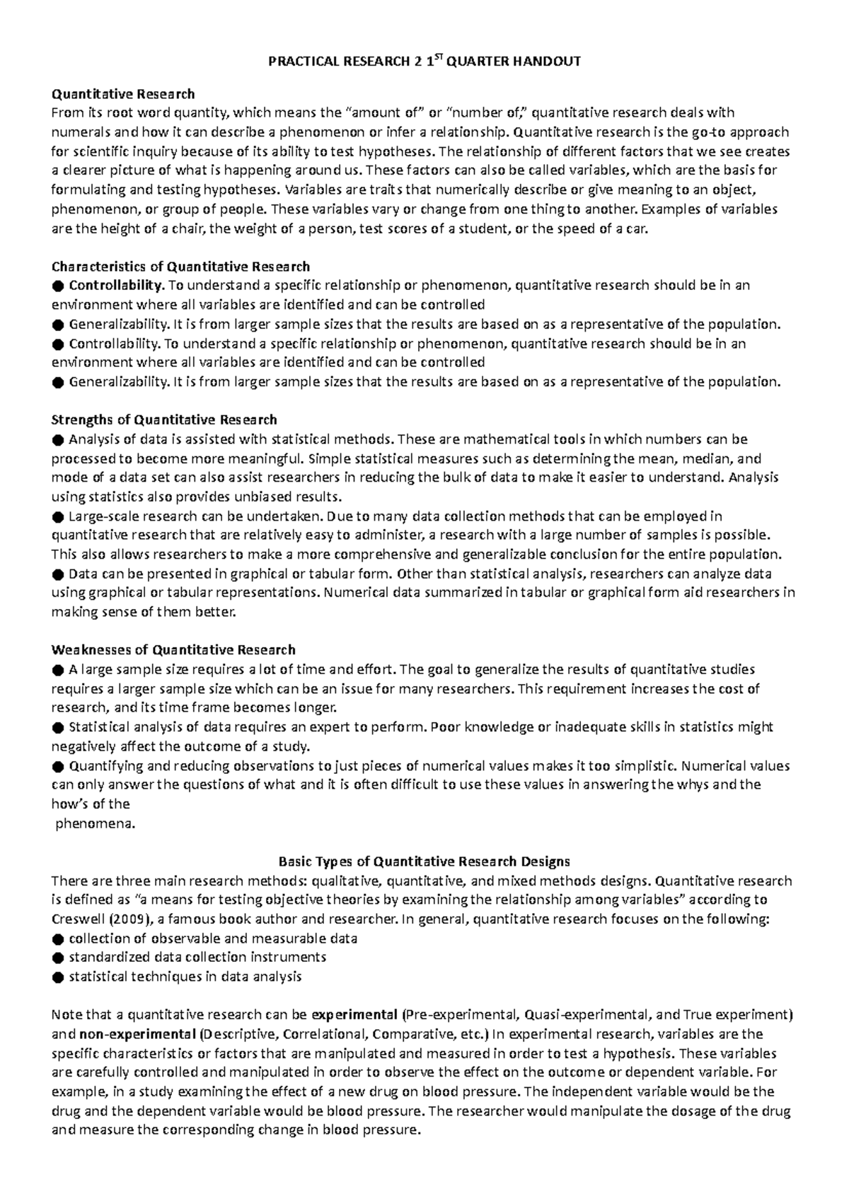Chapter 1-2 Handout - none - PRACTICAL RESEARCH 2 1ST QUARTER HANDOUT Quantitative Research From ...