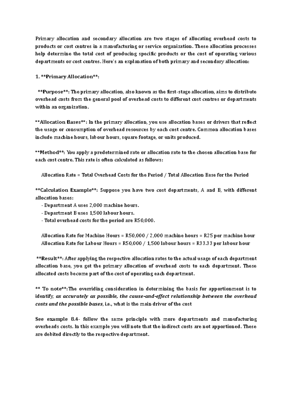 Allocaton of overheads- Primary and Secondary Allocation - Primary ...