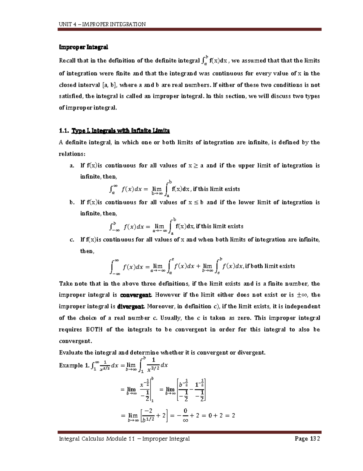 Module 11 Improper Integral - lim b→∞ f x dx b a , if this limit exists ...