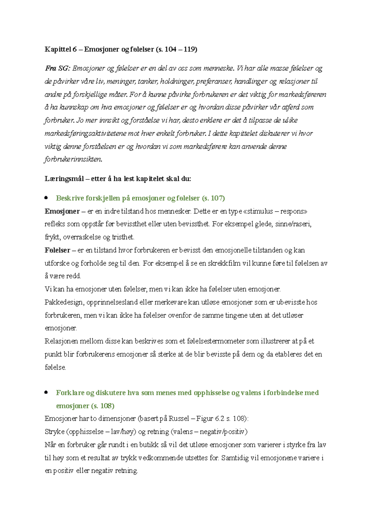 Kapittel 6 Emosjoner og følelser - sammendrag av pensum - Kapittel 6 – Emosjoner og følelser (s ...