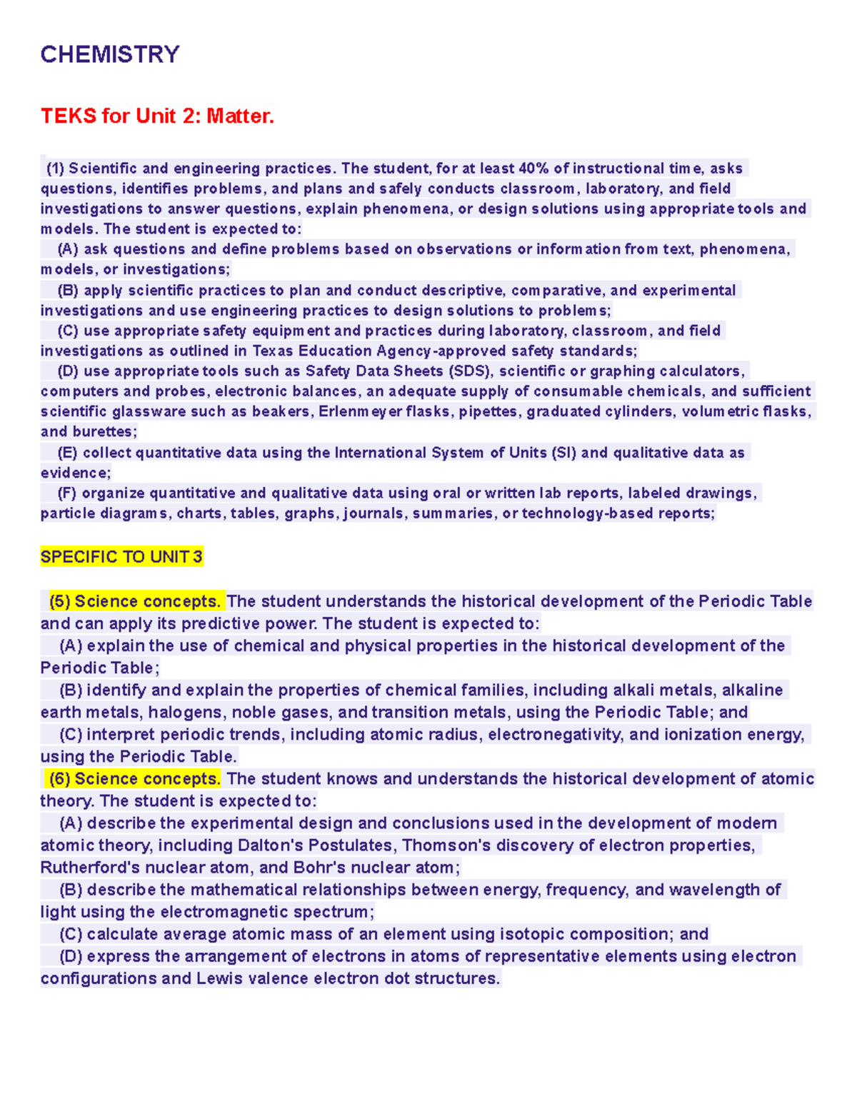 Chemistry TEKS Unit 3 - CHEMISTRY TEKS for Unit 2: Matter. (1 ...