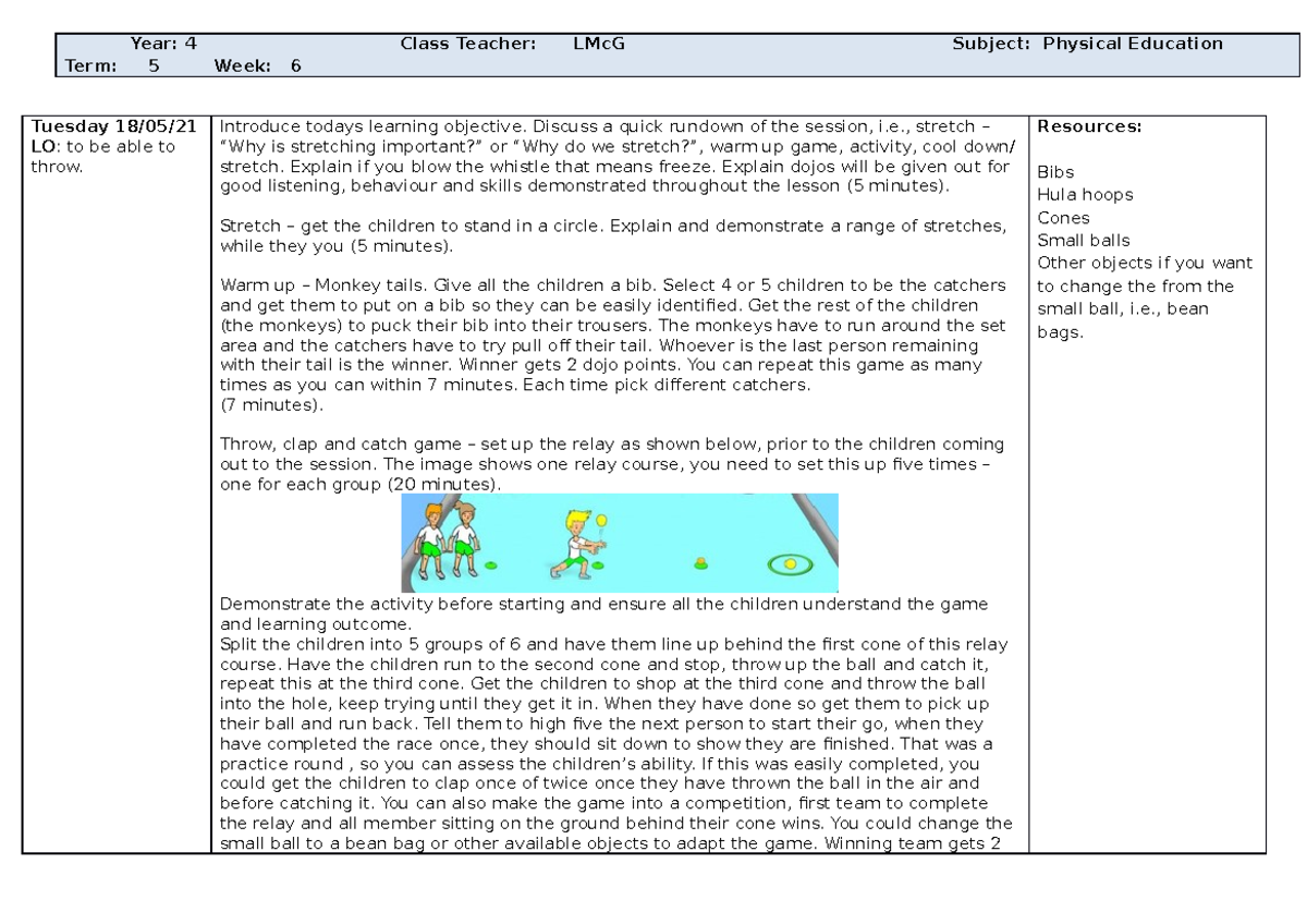 PE lesson plan week 6 - Year: 4 Class Teacher: LMcG Subject: Physical ...