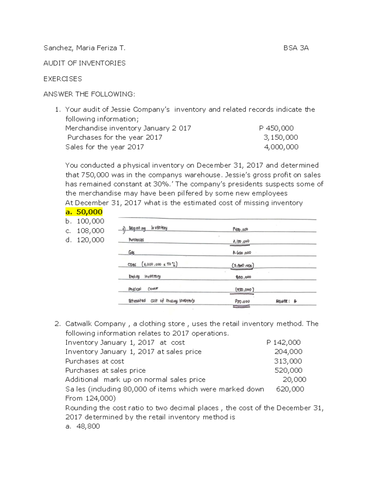 Audit Of Inventories Exercises - Sanchez, Maria Feriza T. BSA 3A AUDIT ...