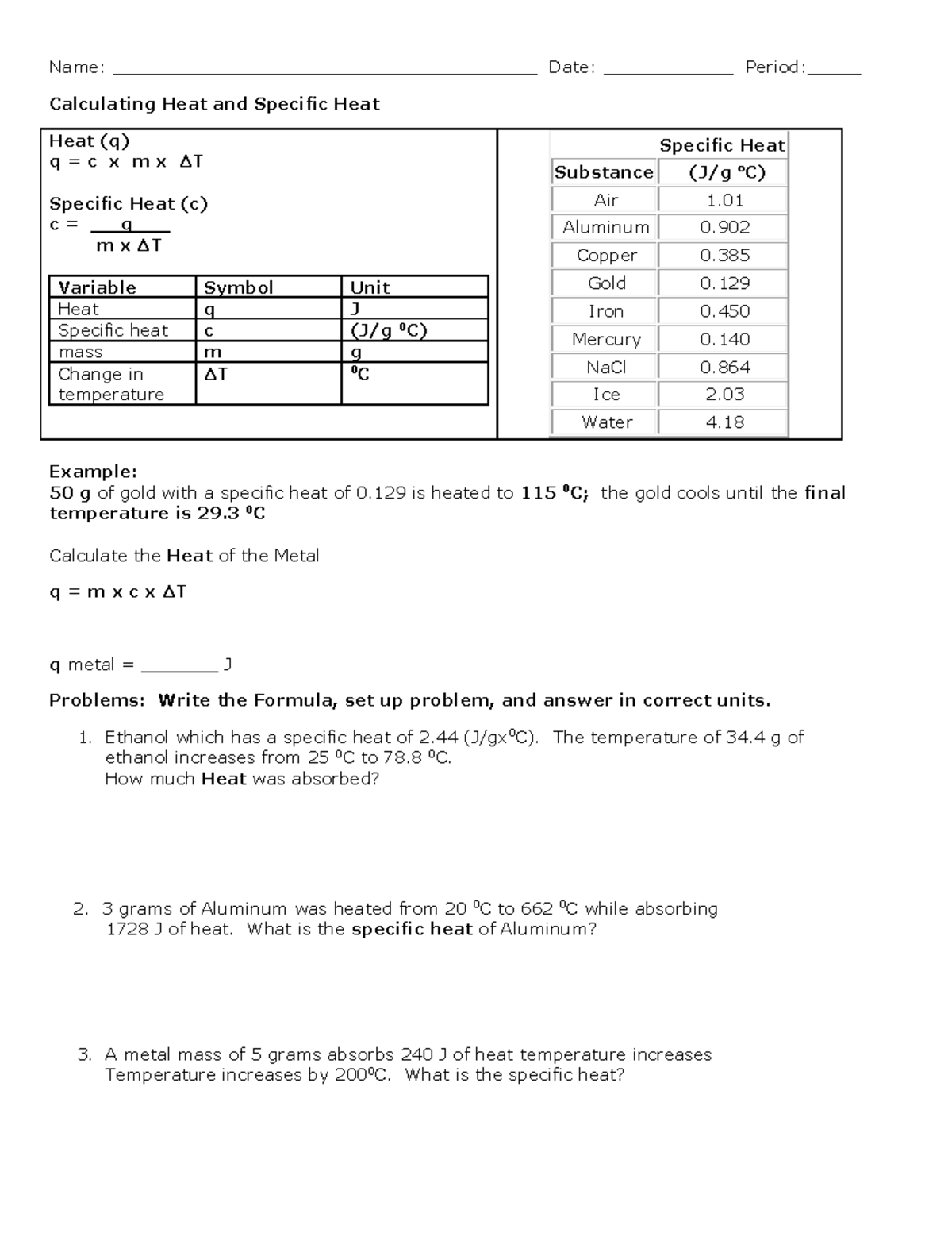 Calculating Specific Heat Worksheet - Name ...
