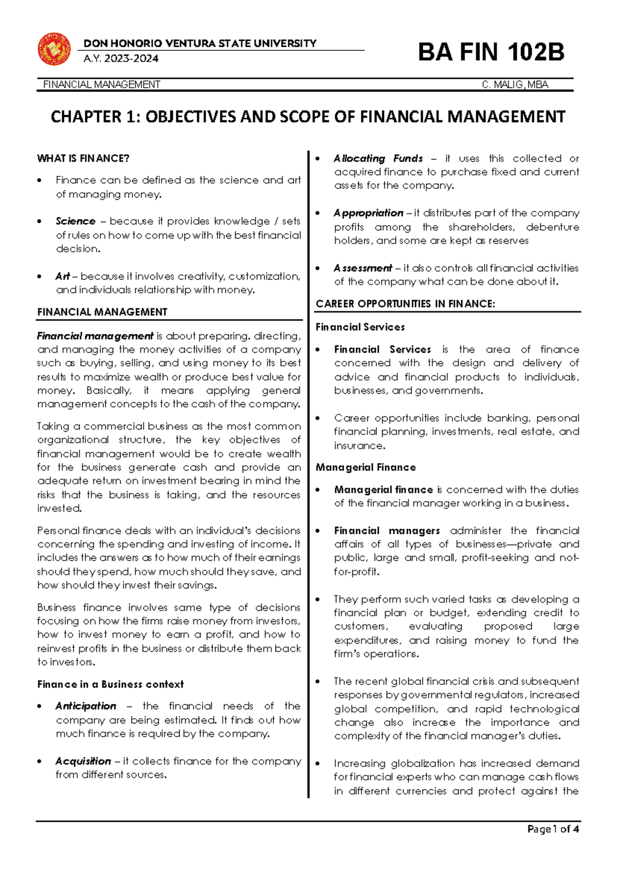 BA FIN 102B Module 1 - BA FIN 102B A. 2023- 2024 FINANCIAL MANAGEMENT C ...