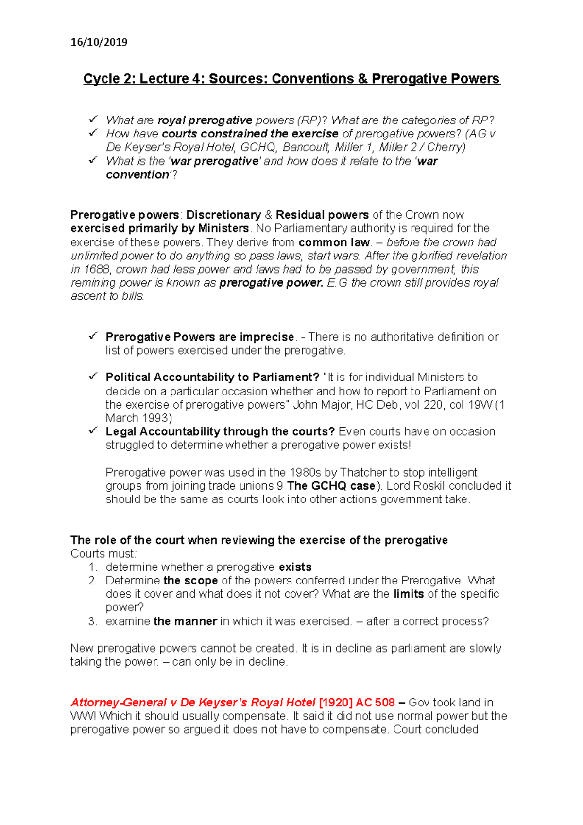 Sources- Conventions & Prerogative Powers - 16/10/ Cycle 2: Lecture 4 ...