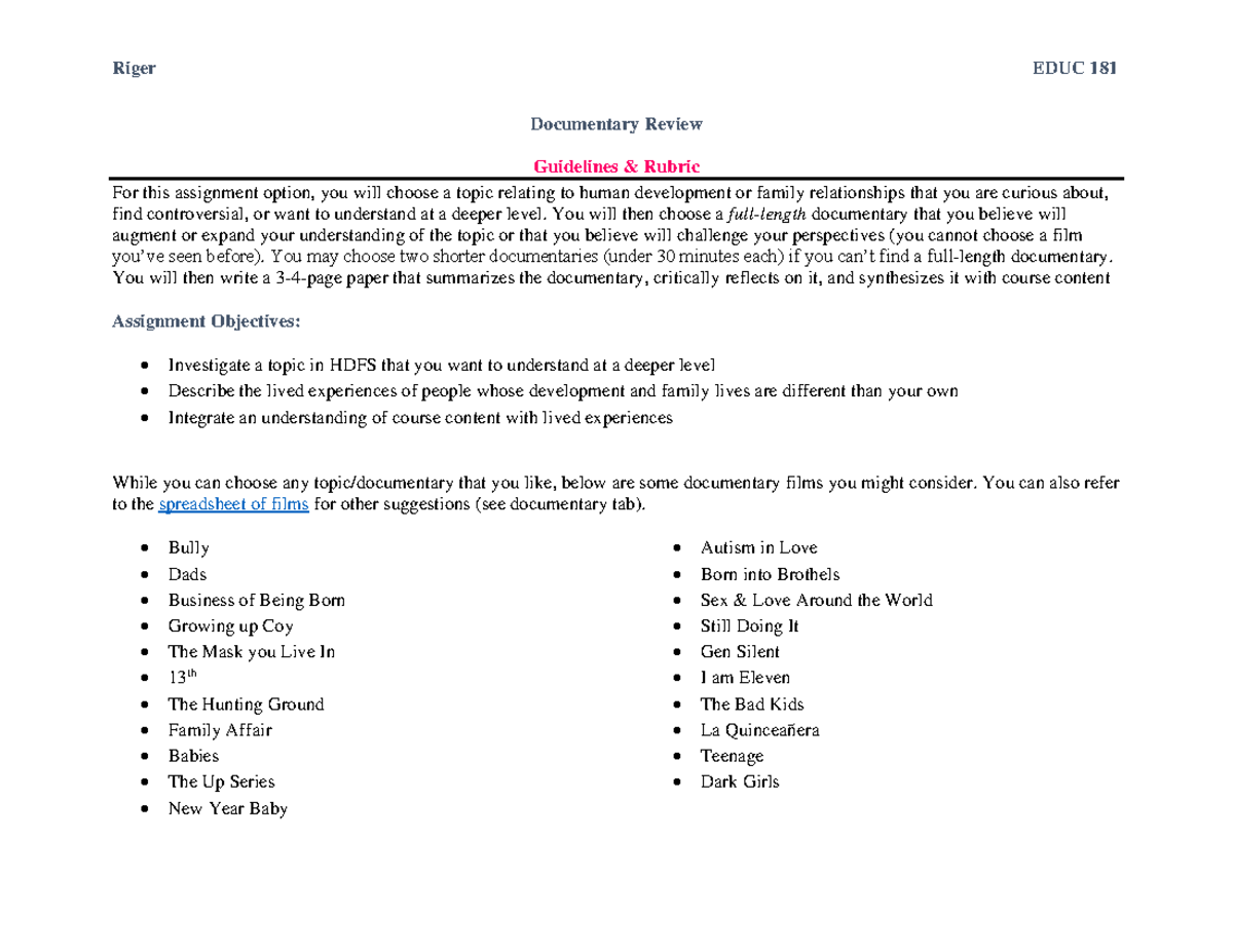 EDUC 181 Documentary Review Guidelines Rubric Fall 2020 Riger - Riger ...