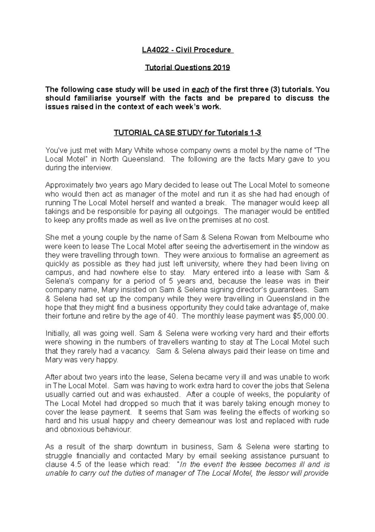 Civil Tutorials 1 - 3 (2019 )(1) - LA4022 - Civil Procedure Tutorial Questions 2019 The ...