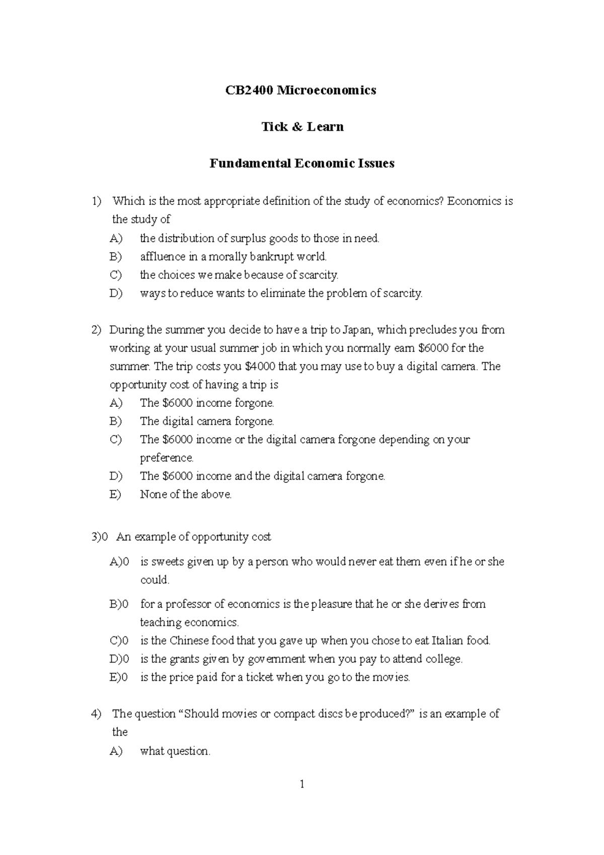 (01) Fundamental Economic Issues Questions - CB2400 Microeconomics Tick ...