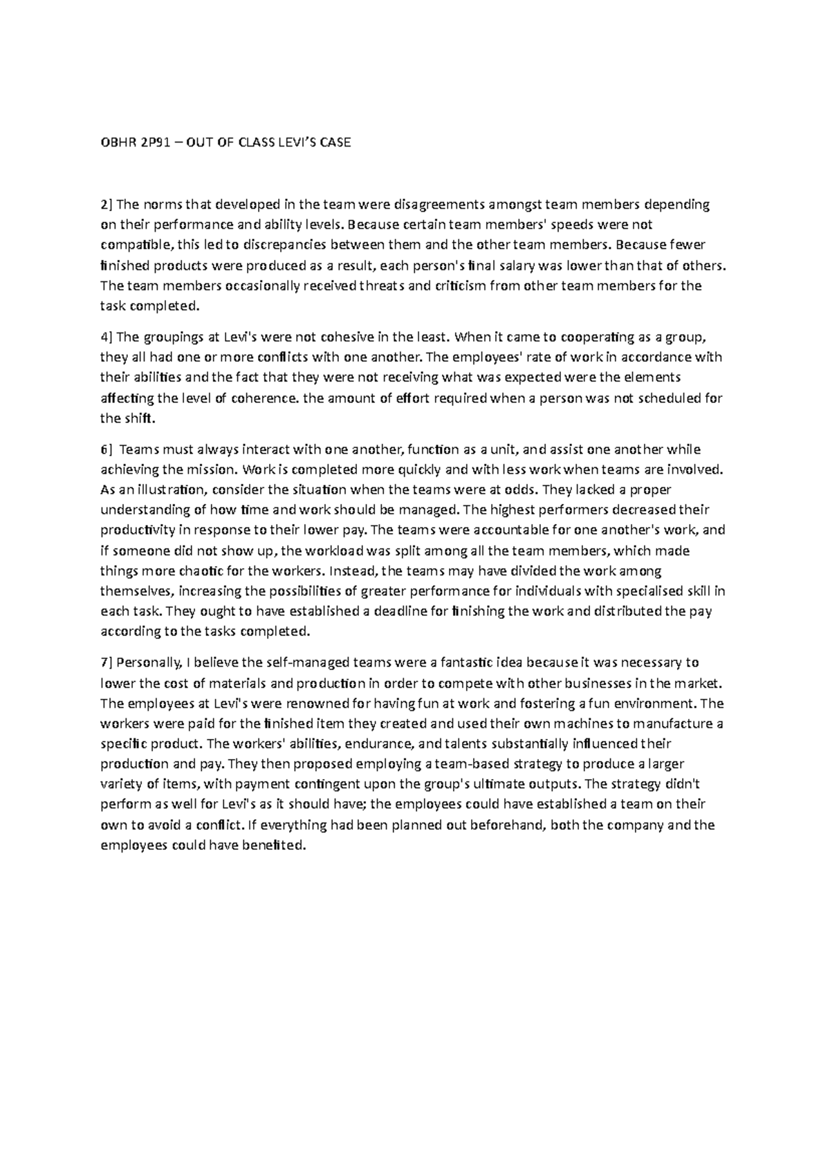 Out of class levis case - OBHR 2P91 – OUT OF CLASS LEVI’S CASE 2] The ...