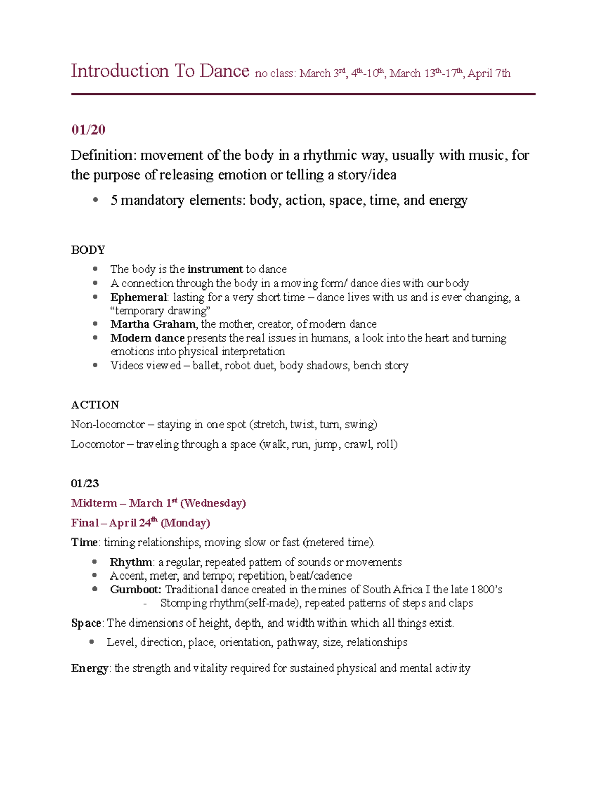 Intro To Dance Notes - Introduction To Dance no class: March 3rd, 4th ...