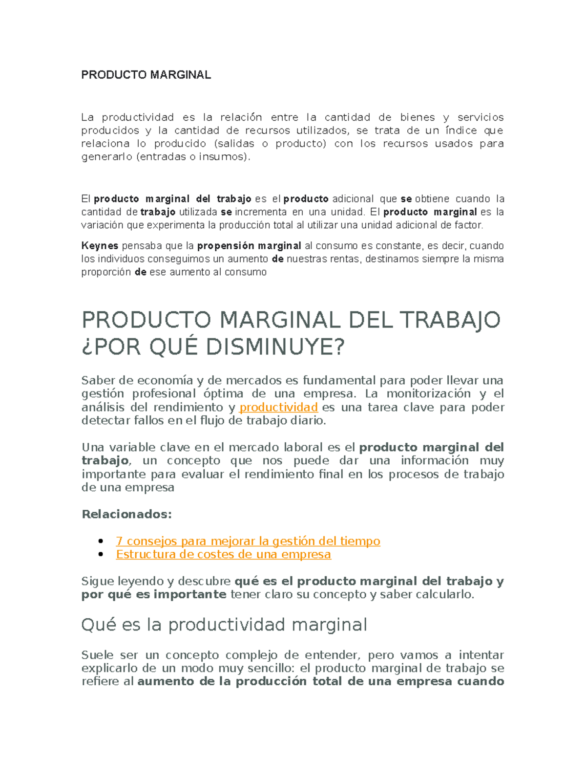 Producto Marginal - PRODUCTO MARGINAL La productividad es la relación ...