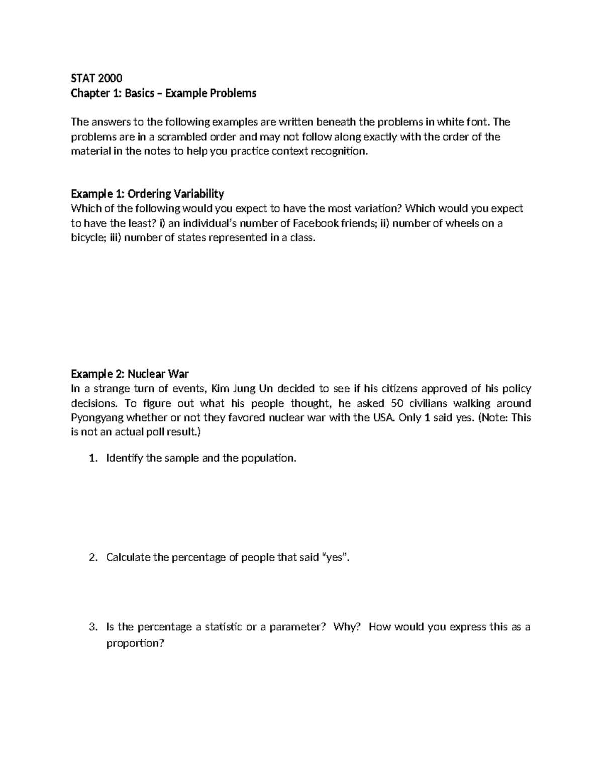 Chapter 1 Examples Su20 - STAT 2000 Chapter 1: Basics – Example Problems The answers to the ...