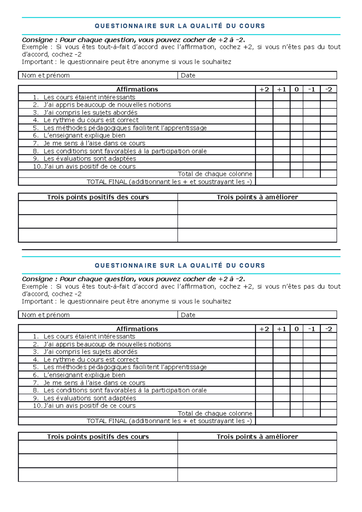 Questionnaire sur la qualit du cours - Q U E S T I O N N A I R E S U R ...