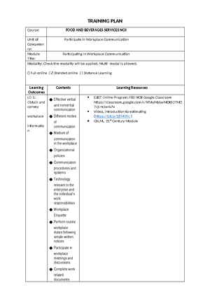FBS-training plan bcommon core - TRAINING PLAN QUALIFICATION TITLE ...