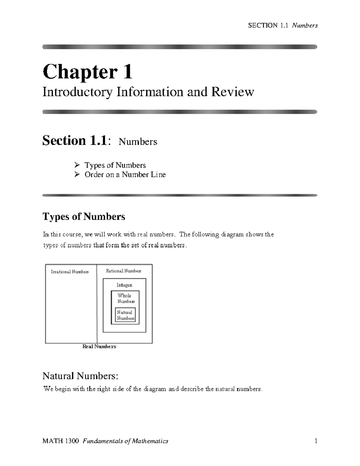 Chapter 1 Introductory Information and Review, section 1: Numbers ...