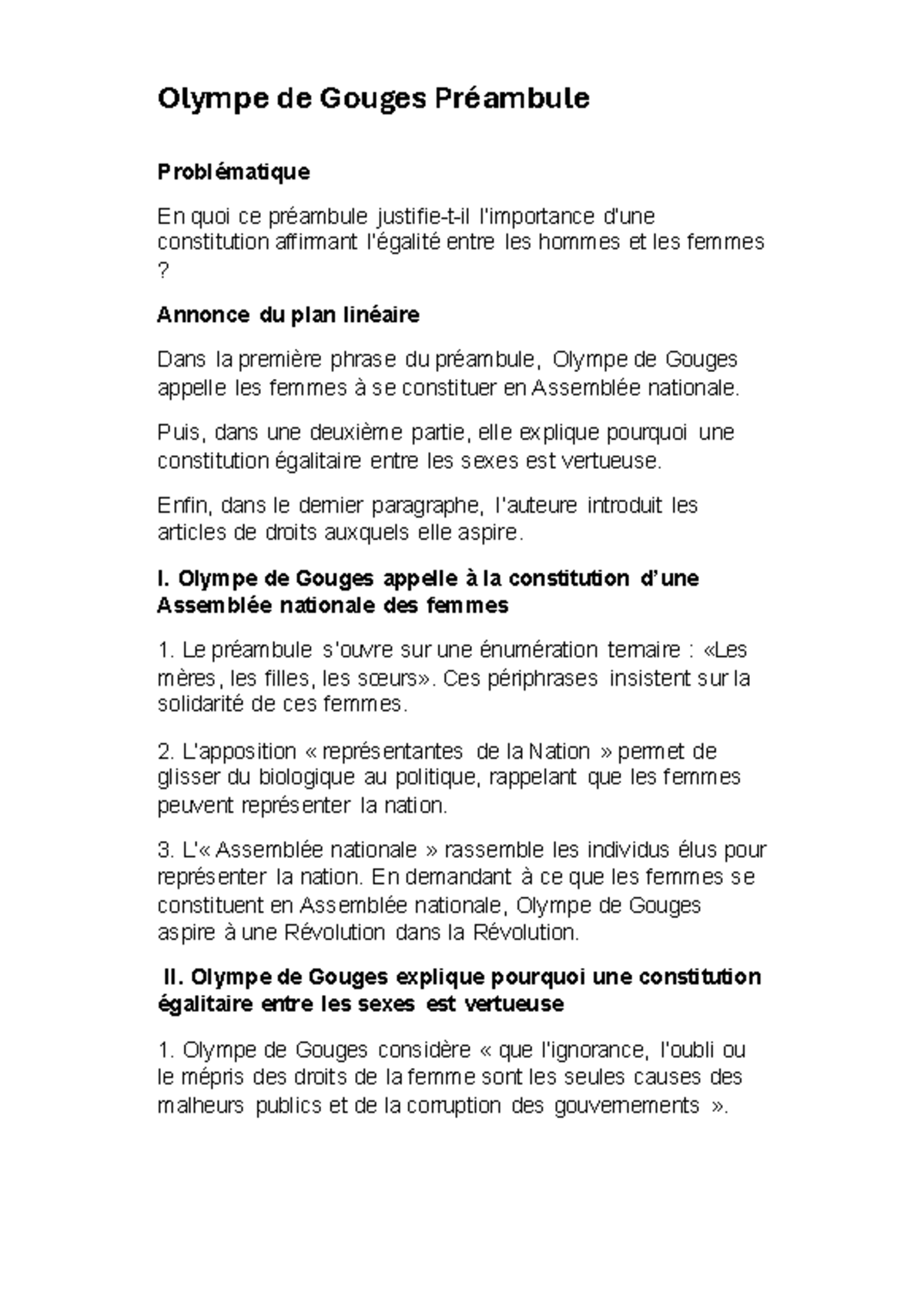 Olympe de Gouges Préambule - Olympe de Gouges Préambule Problématique En quoi ce préambule - Studocu
