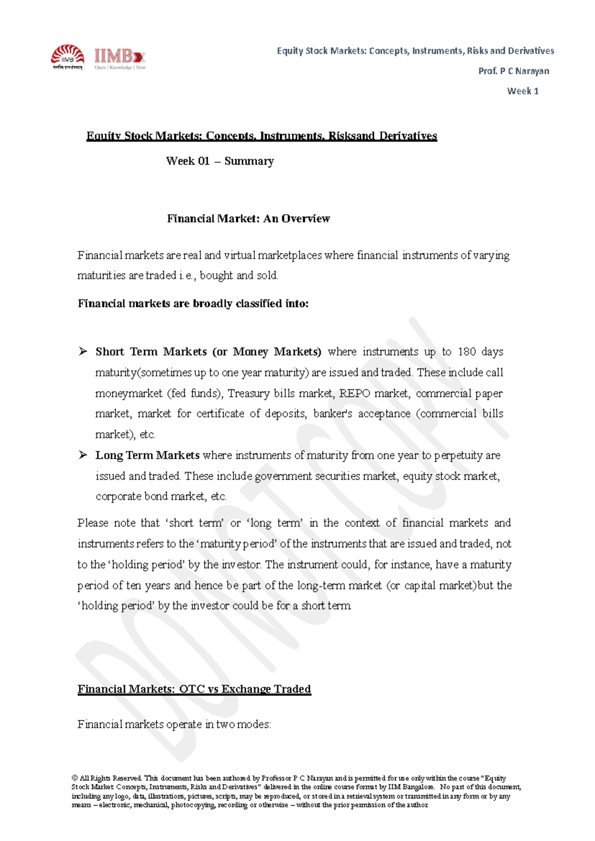 Equity stocks 1 - Prof. P C Narayan Week 1 © All Rights Reserved. This ...