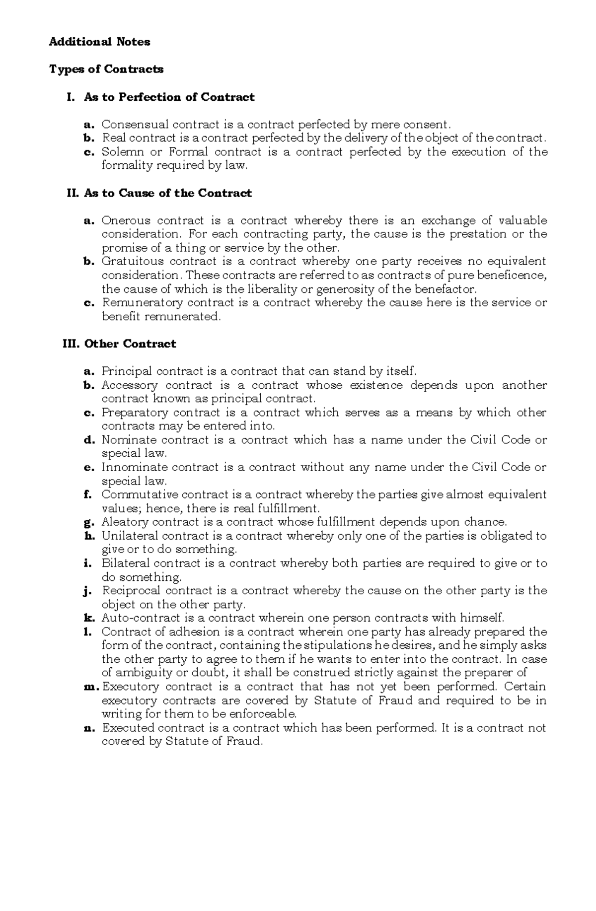 Additional-notes-contracts - Ad ditional Notes Types of Contracts I. As ...