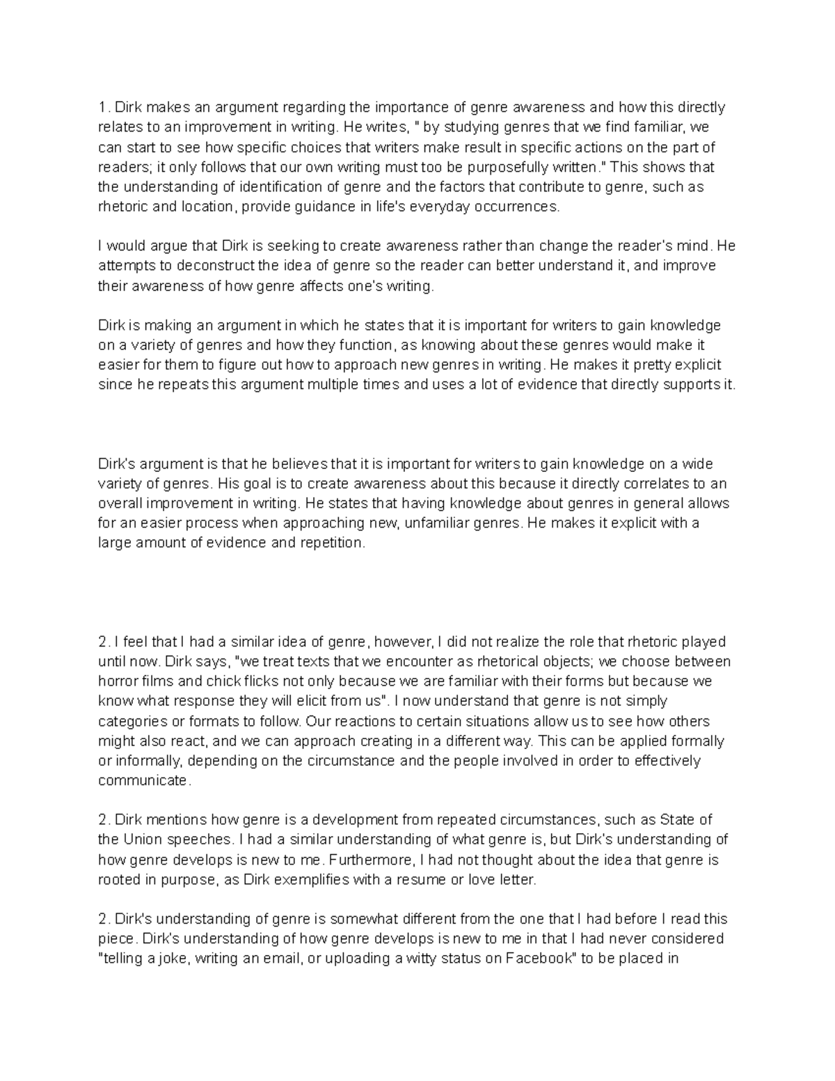 Dirk Reading Response Example - Dirk makes an argument regarding the ...