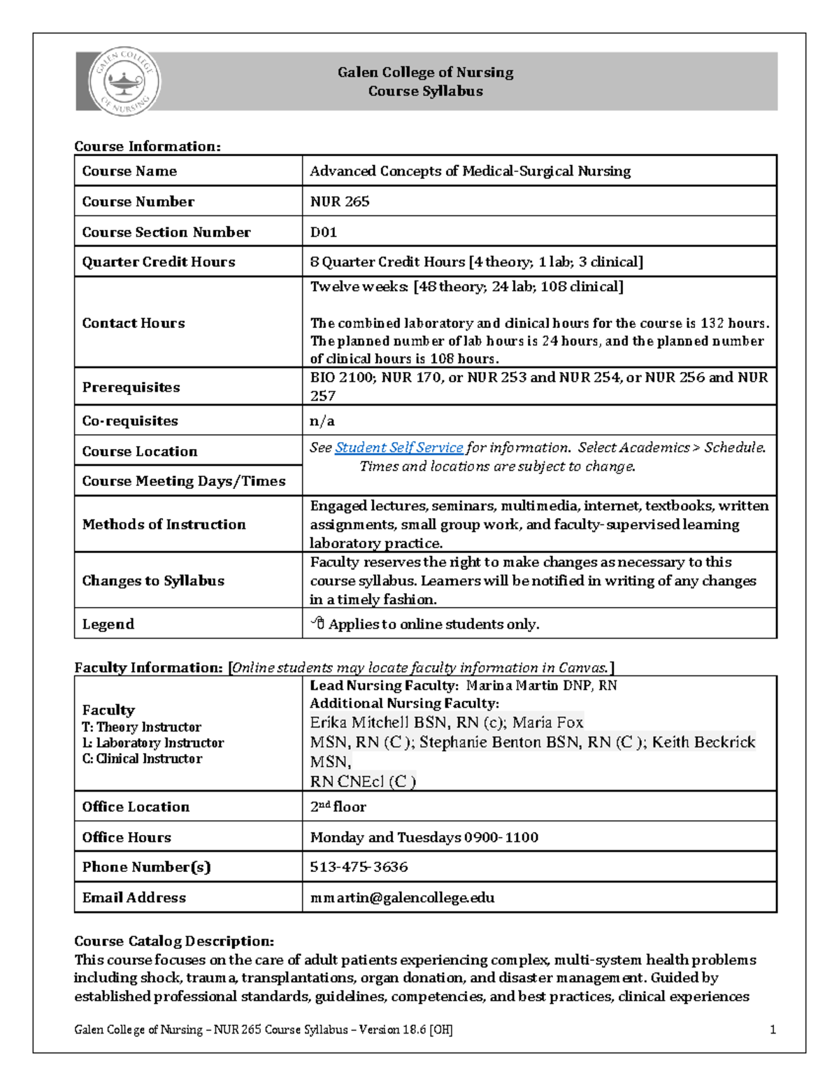 NUR 265 Syllabus Version 18-6 OH Martin M Summer 24-1 - Galen College ...