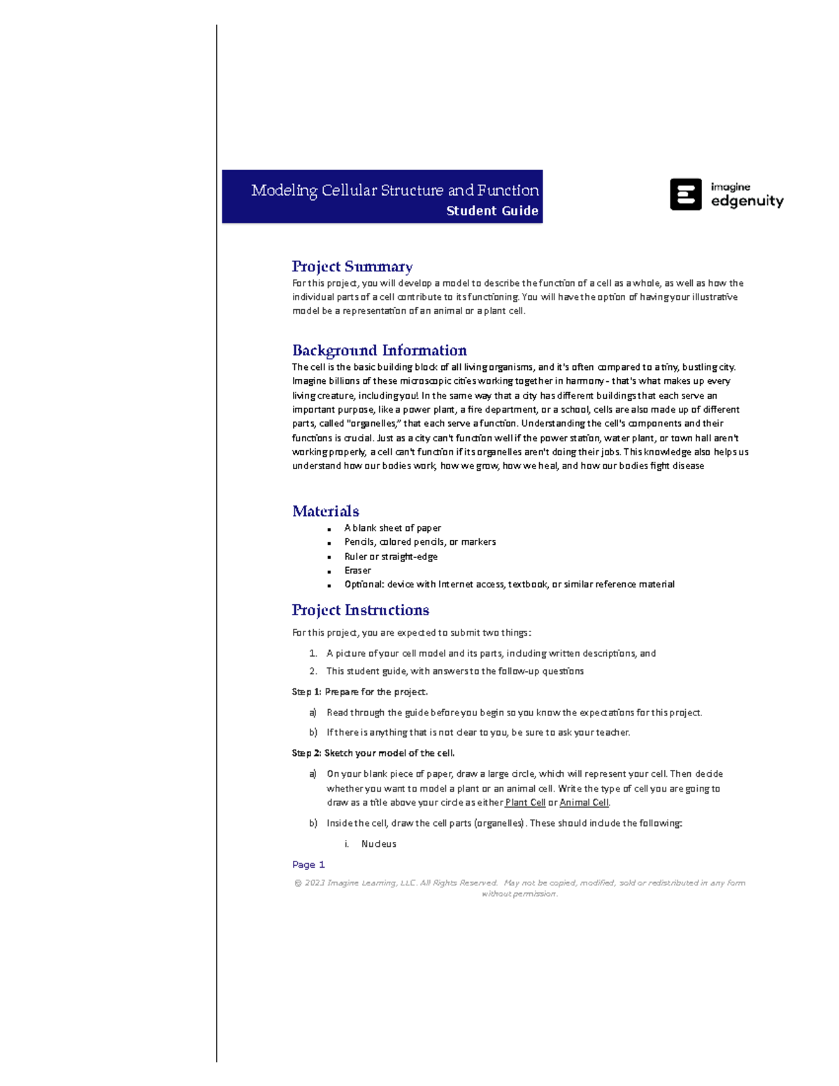 Project - Modeling Cellular Structure and Function - Student Guide ...