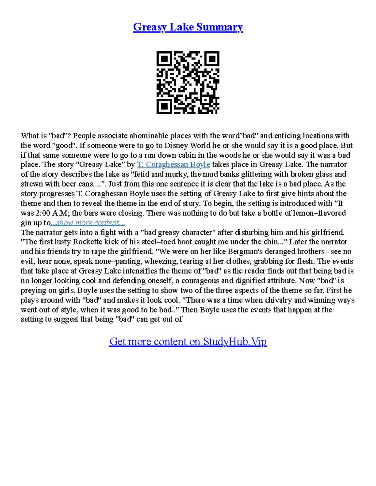 Greasy Lake Essay - Greasy Lake Summary What is "bad"? People associate ...
