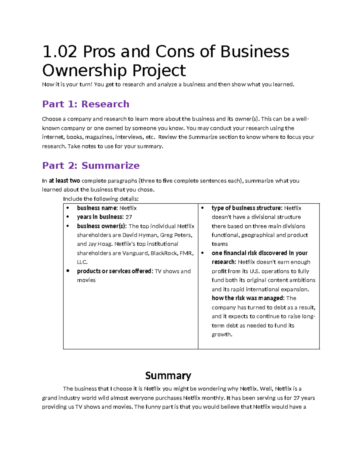 01. 02 Pros and Cons of Business Ownership - Part 1: Research Choose a ...