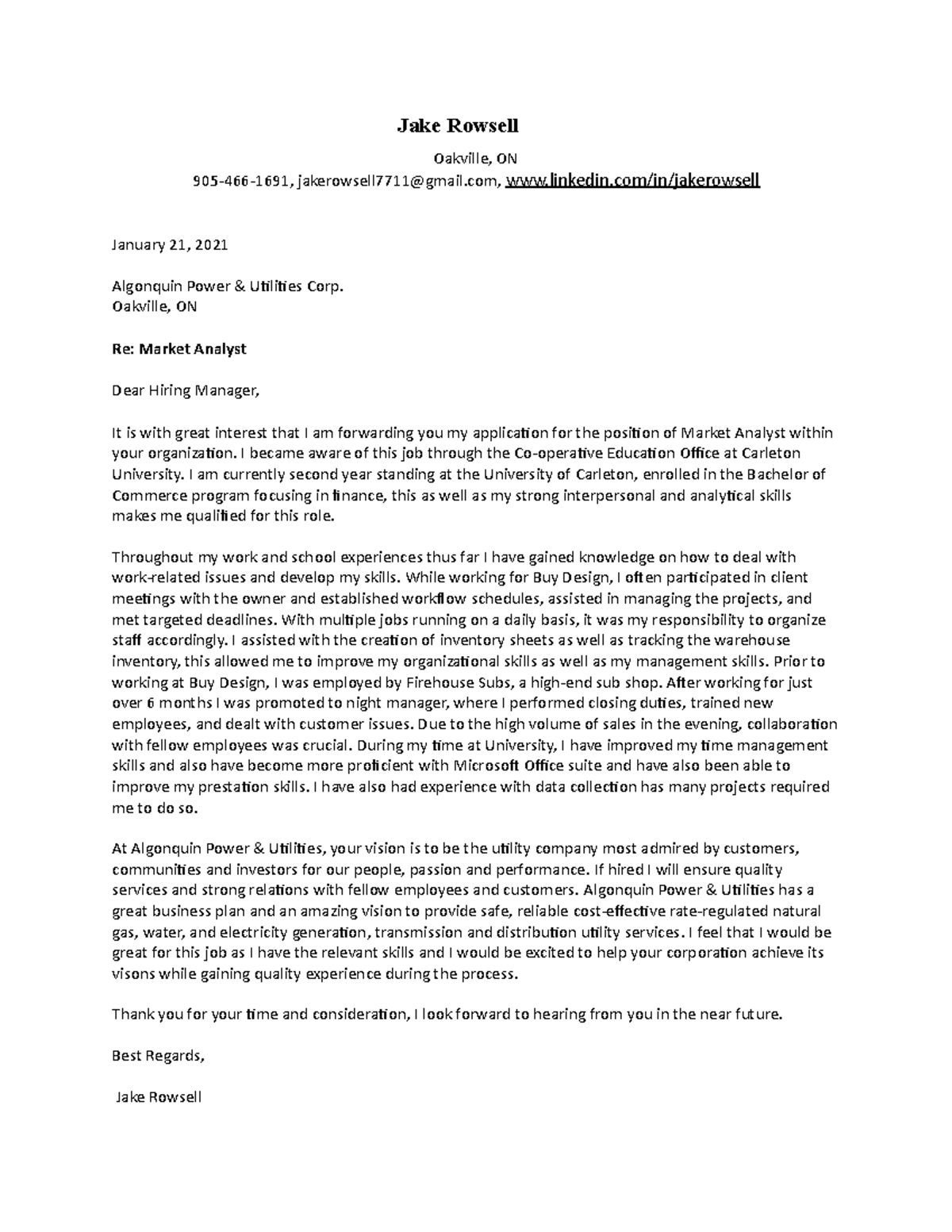 Market Analyst - Lecture notes 8-11 - Jake Rowsell Oakville, ON 905-466 ...