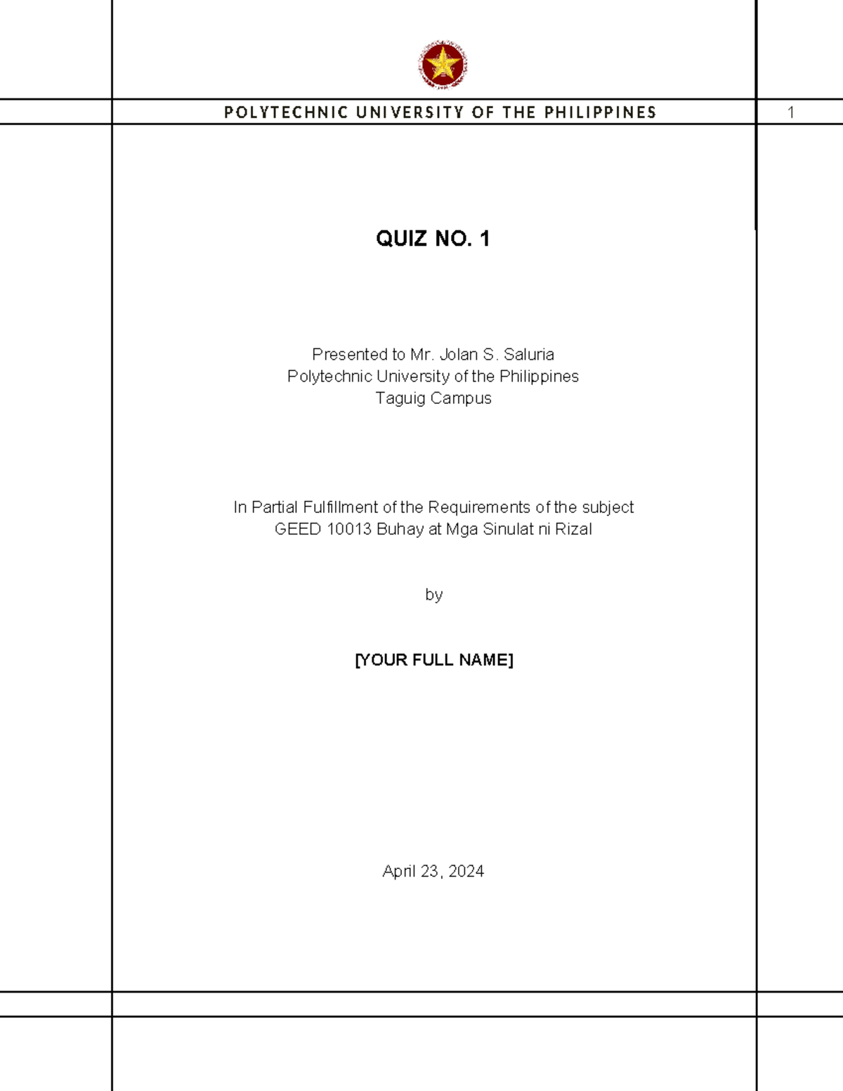 Quiz-Template - IT Applications in Business - 1 P O L Y T E C H N I C U N I V E R S I T Y O F T ...