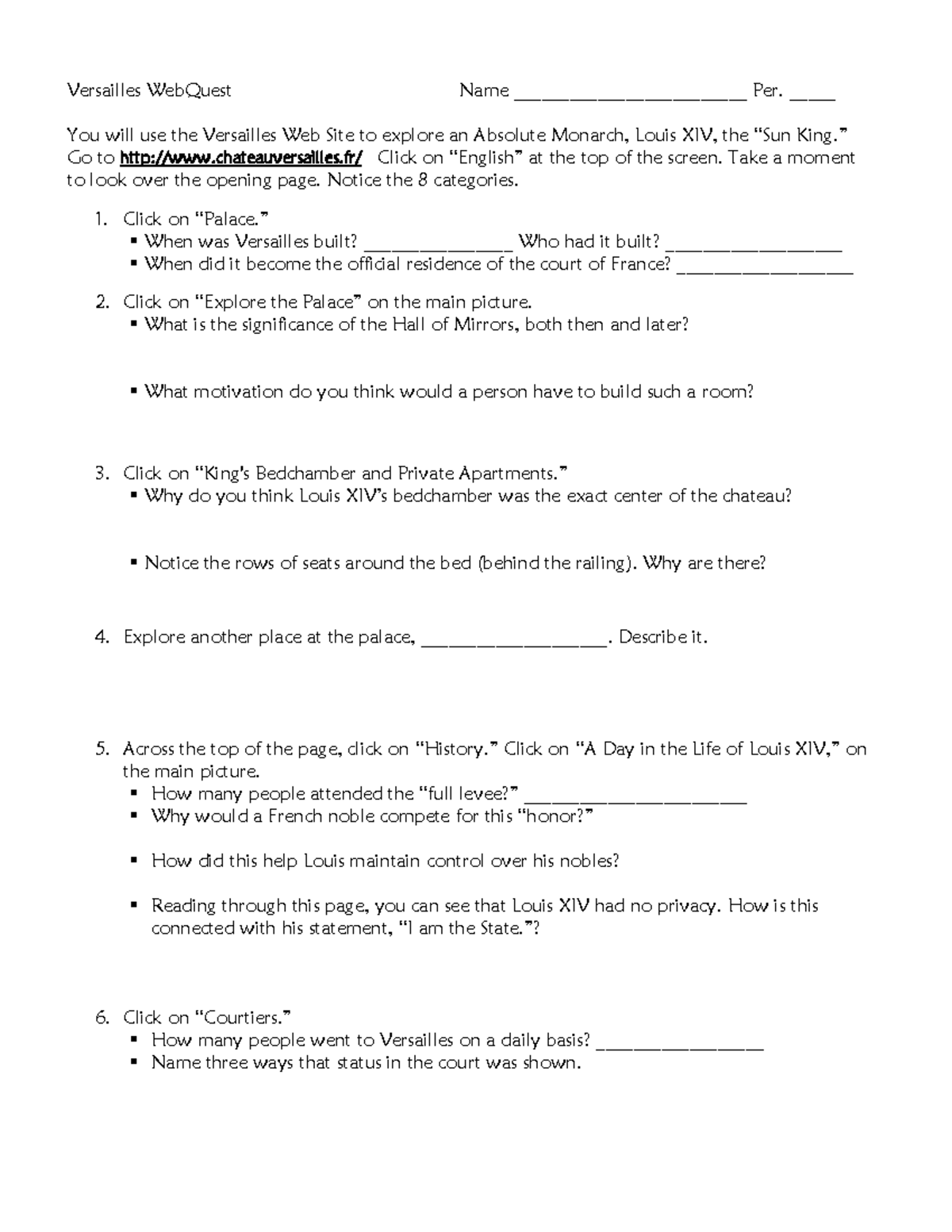 Versailles Web Quest - Versailles WebQuest Name ...