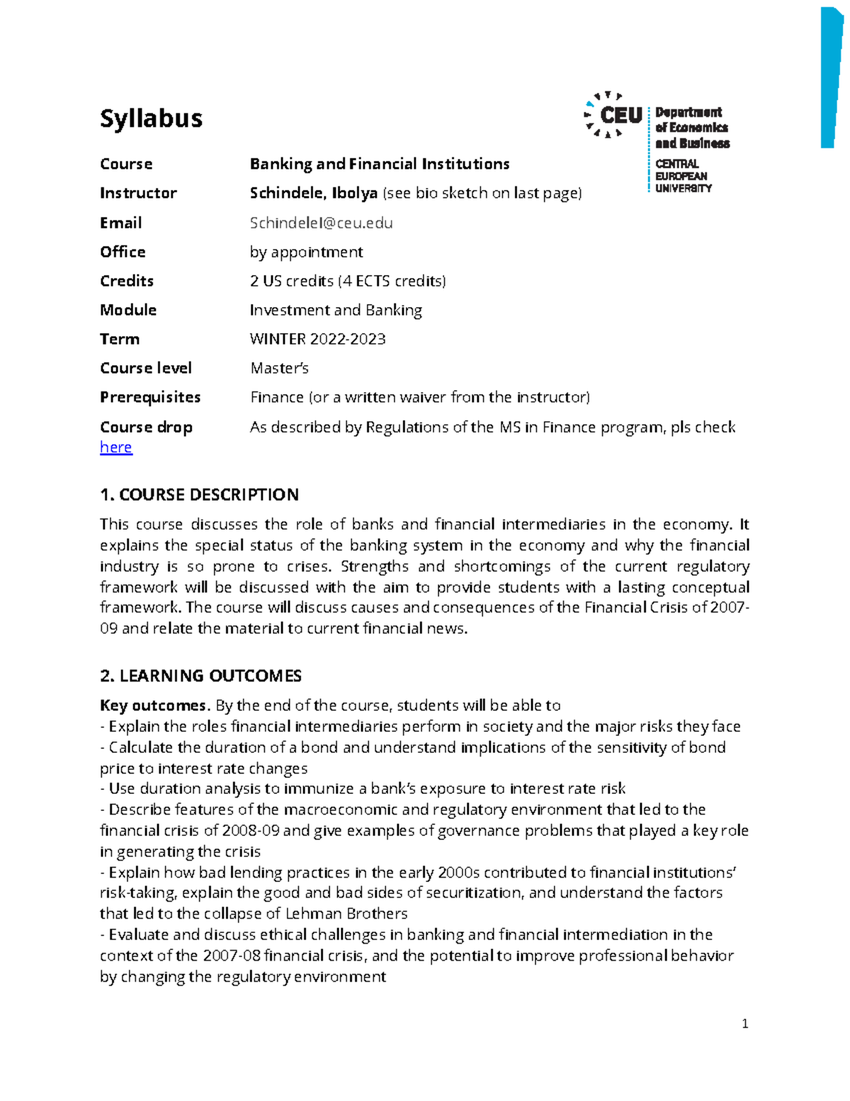 Bankingandfinancialinstitutionssyllabus 1 - Syllabus Course Banking and ...