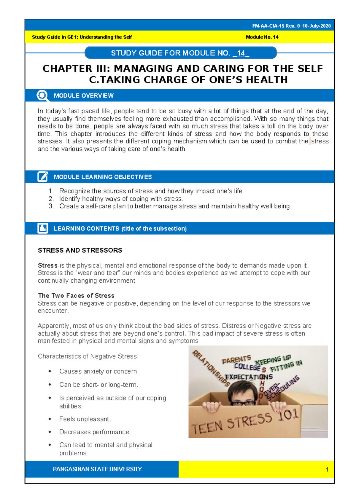 GE1 Module 14 - Taking Charge of One's Health - STUDY GUIDE FOR MODULE ...