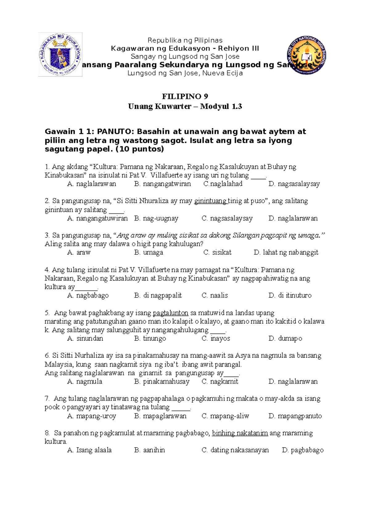 Filipino 9 LAS Quarter 1 Week 3 Pamana ng Nakaraan - Republika ng ...