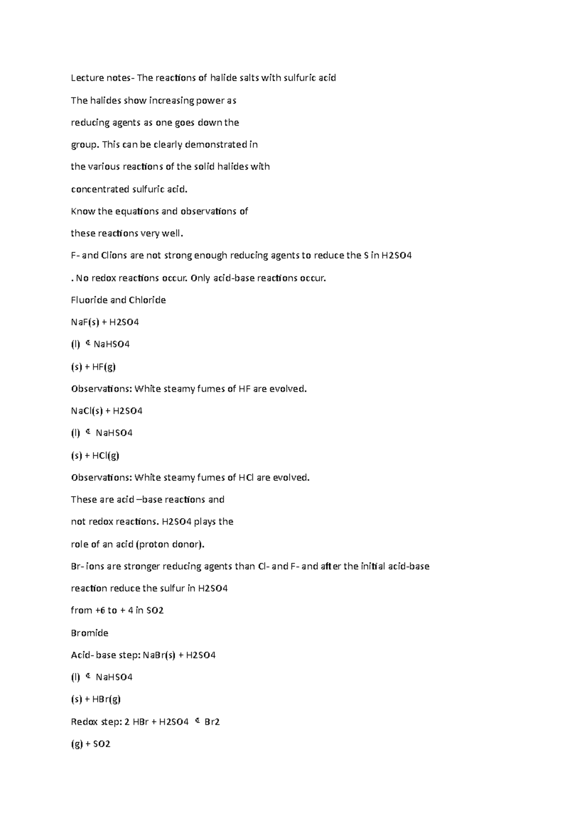 Lecture notes- The reactions of halide salts with sulfuric acid - This ...
