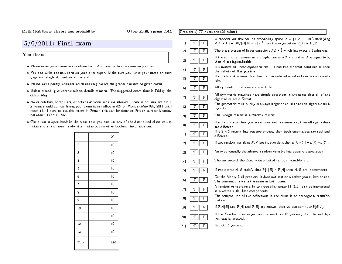 Harvard 19b Linear Algebra, Probability and Statistics, Spring, 2011 ...