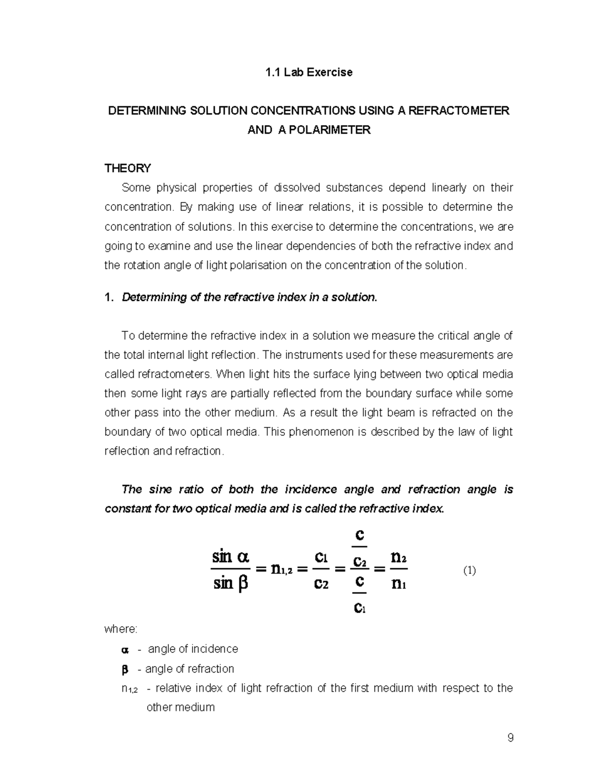 Determining of the refractive index in a solution using a ...