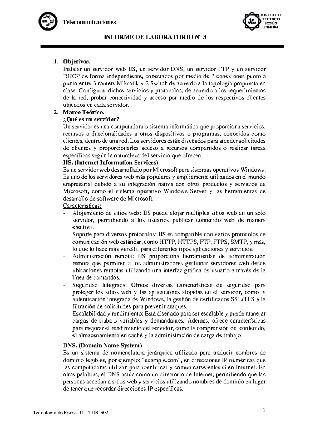 Informe de Lab3- TDR-302 - INFORME DE LABORATORIO Nº 3 Objetivos. Instalar un servidor web IIS ...