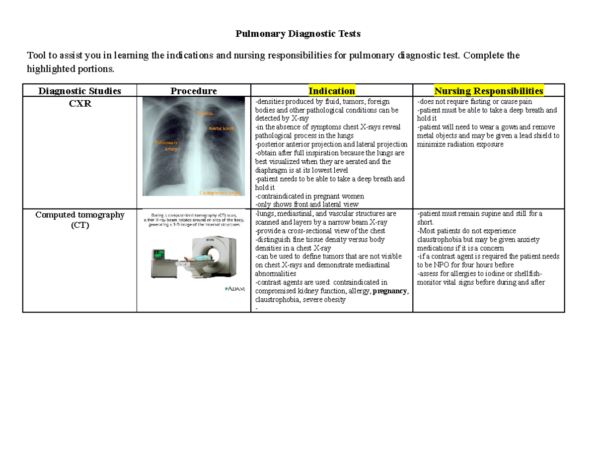 Pulmonary Diagnostic Tests - Complete the highlighted portions ...